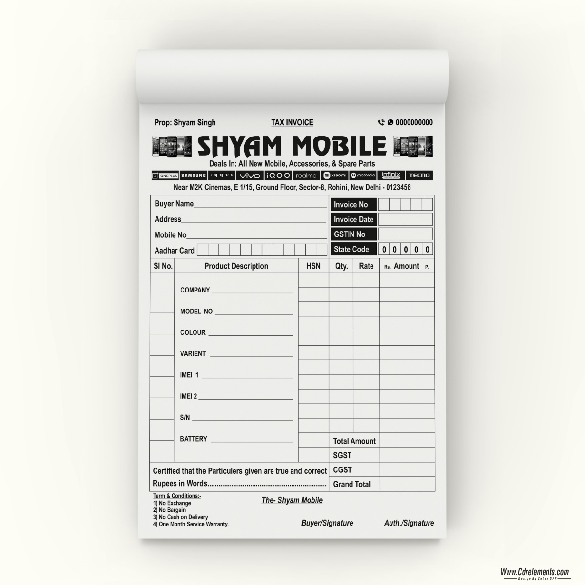 Shyam Mobile INVOICE Bill Book Design CDR File » Cdrelements.com
