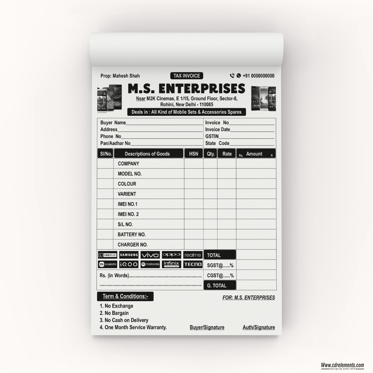 M.S. Enterprises Mobile Shop INVOICE Bill Book Design CDR File ...